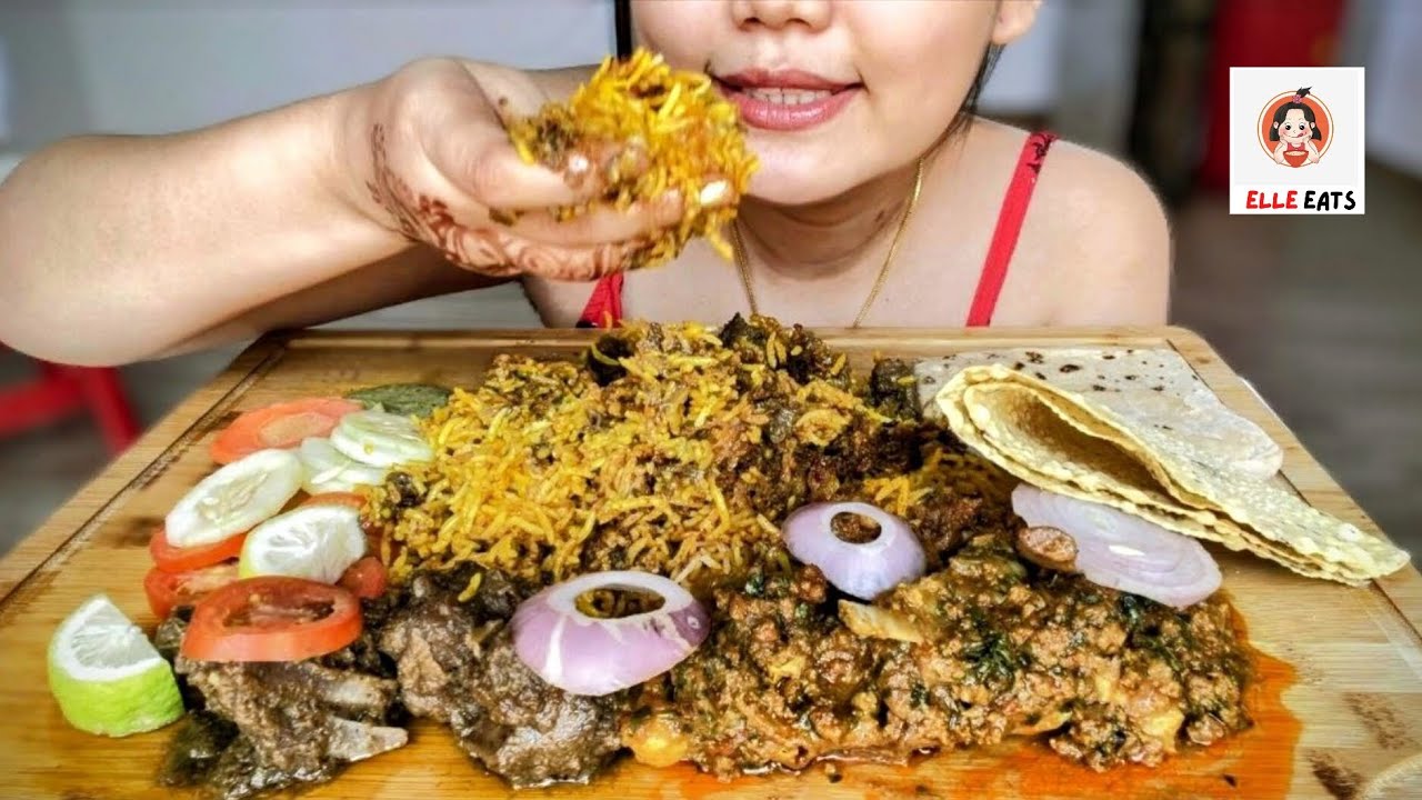 ASMR EATING SOUNDS ~ MUTTON BIRIYANI, MUTTON KHOSA, MUTTON KEEMA BHARTA ...