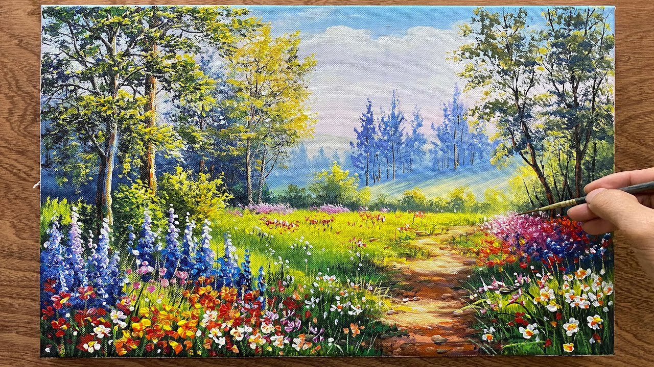 Techniques for drawing a path full of flowers going into the forest ...