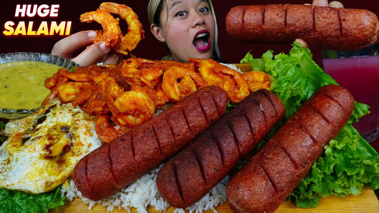 3 GIANT SALAMI, SPICY SHRIMP CURRY,EGG AND RICE WITH JUICE MUKBANG ASMR ...