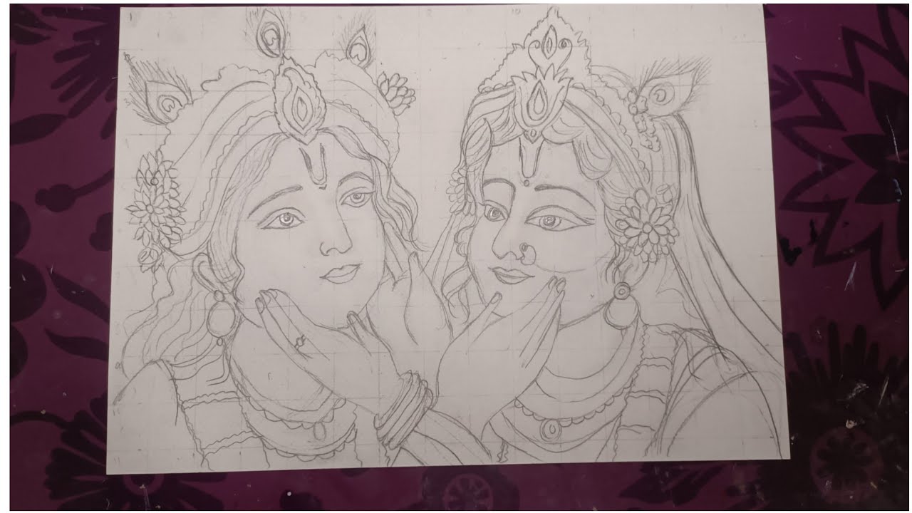 Radha Krishna outline with grid method #Holi special drawing - YouTube