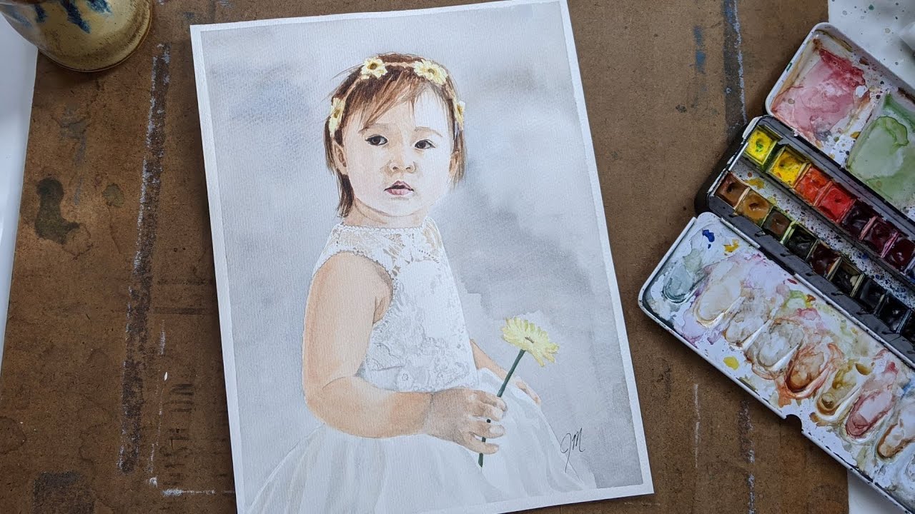 Watercolor Painting Time-Lapse | Portrait of Little Flower Girl ...