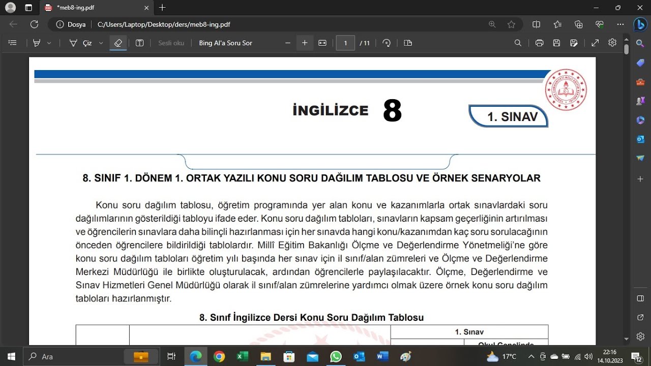 8.Sınıf İngilizce MEB Örnek senaryo cevapları 1.dönem 1.yazılı - YouTube