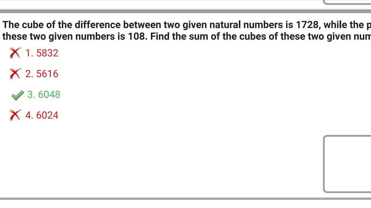 The cube of the difference between two given natural numbers is 1728 ...