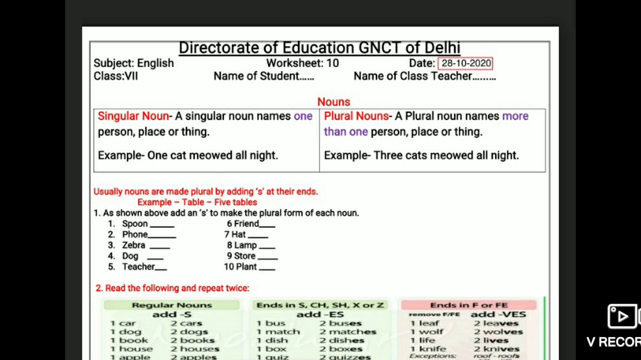 DoE|Worksheet 10|28.10.2020|English|Nouns Singular plural - YouTube