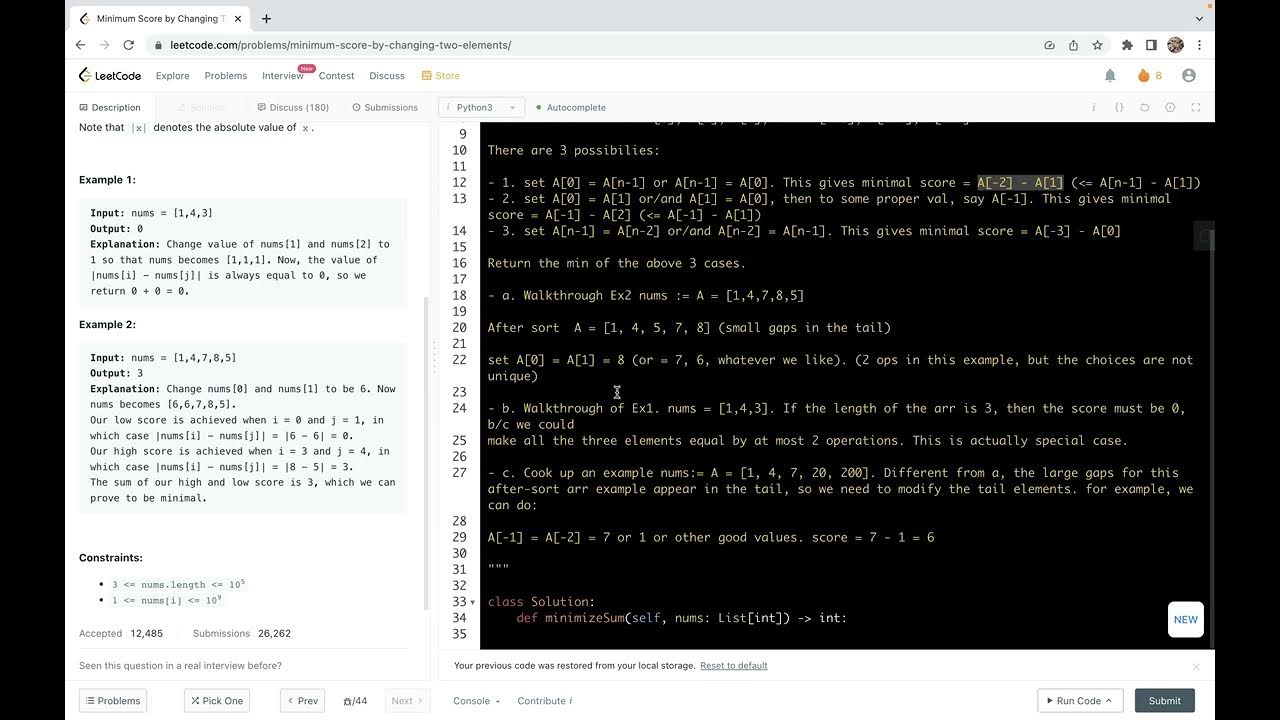 leetcode 2567. Minimum Score by Changing Two Elements - sort and analyze - YouTube