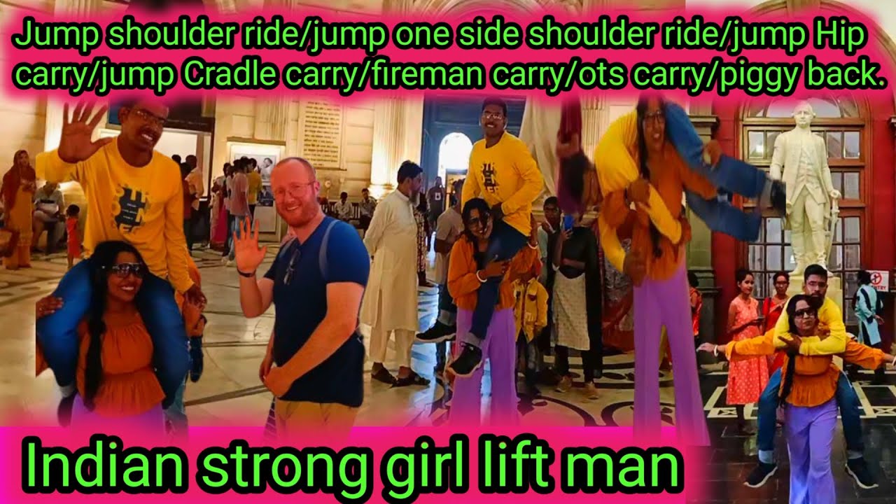 Indian woman liftcarry her husband jump shoulder ride/jump one side ...