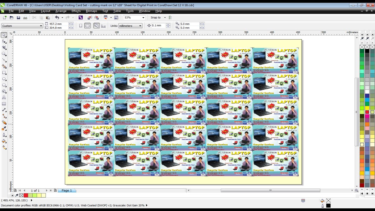 Visiting Card Set - cutting mark on 12''x18'' Sheet for Digital Print ...