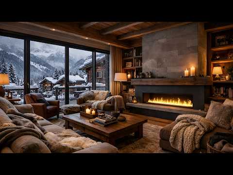 Cozy Alpine Chalet & Blizzard Sounds (10 Hours) ❄️ Crackling Fireplace, Snowstorm Outside in 4K