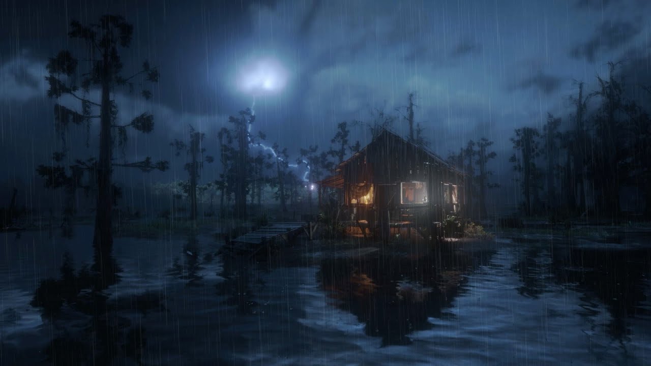 Lonely log cabin on the Lake with healing sounds of rain and magical ...