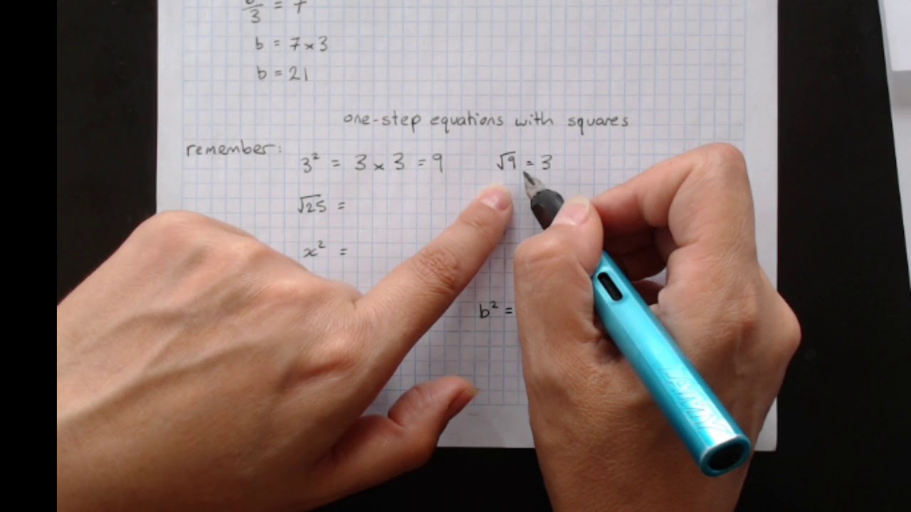 Solving one-step equations including squares and square roots - YouTube