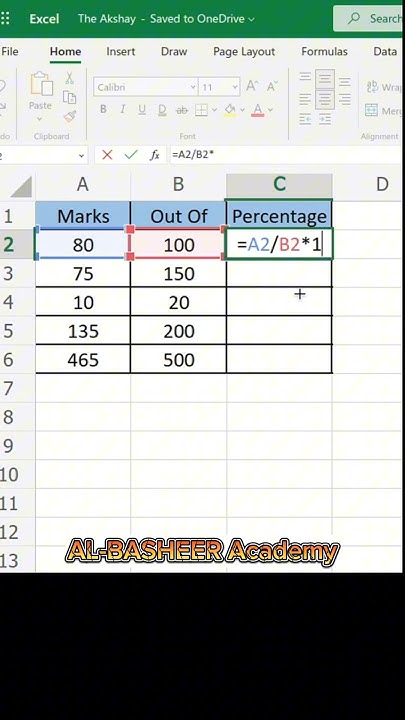 Ms Excel Percentage Formula In Shorts Excel Myexceltutor Al Basheer Academy Youtube
