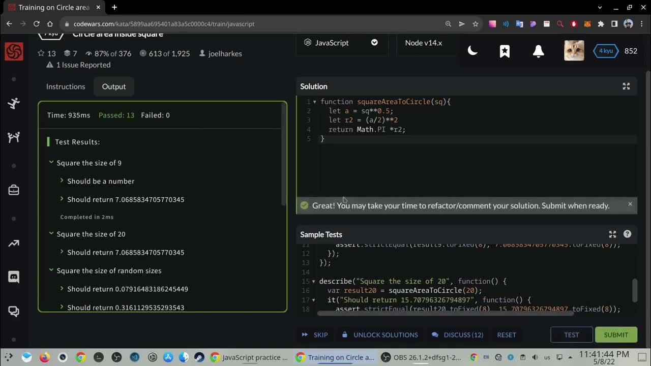 Codewars Circle area inside square - YouTube