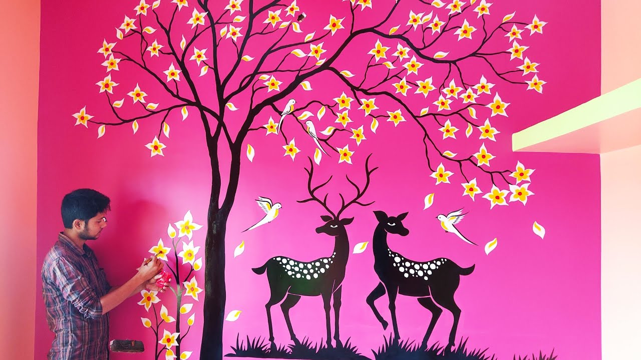 Wall painting on Dark pink wall, simple tree-flower-deer-bird. sticker ...