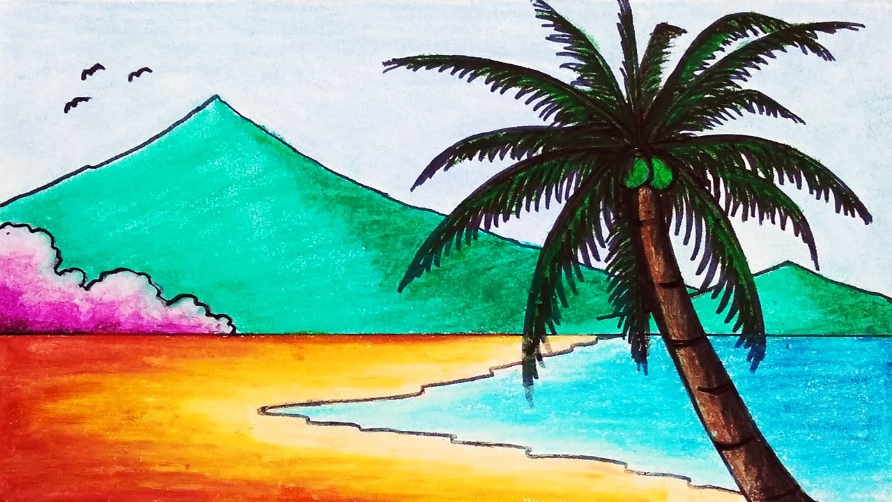 How to Draw a Seaside Mountain Scenery | Drawing Easy Scenery _ Oil ...