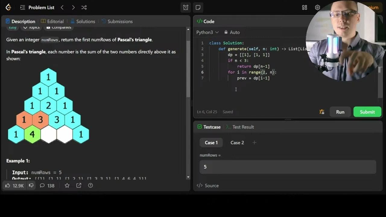 Задача с собеседования Leetcode 118 Pascals Triangle Python Coding Leetcode Youtube