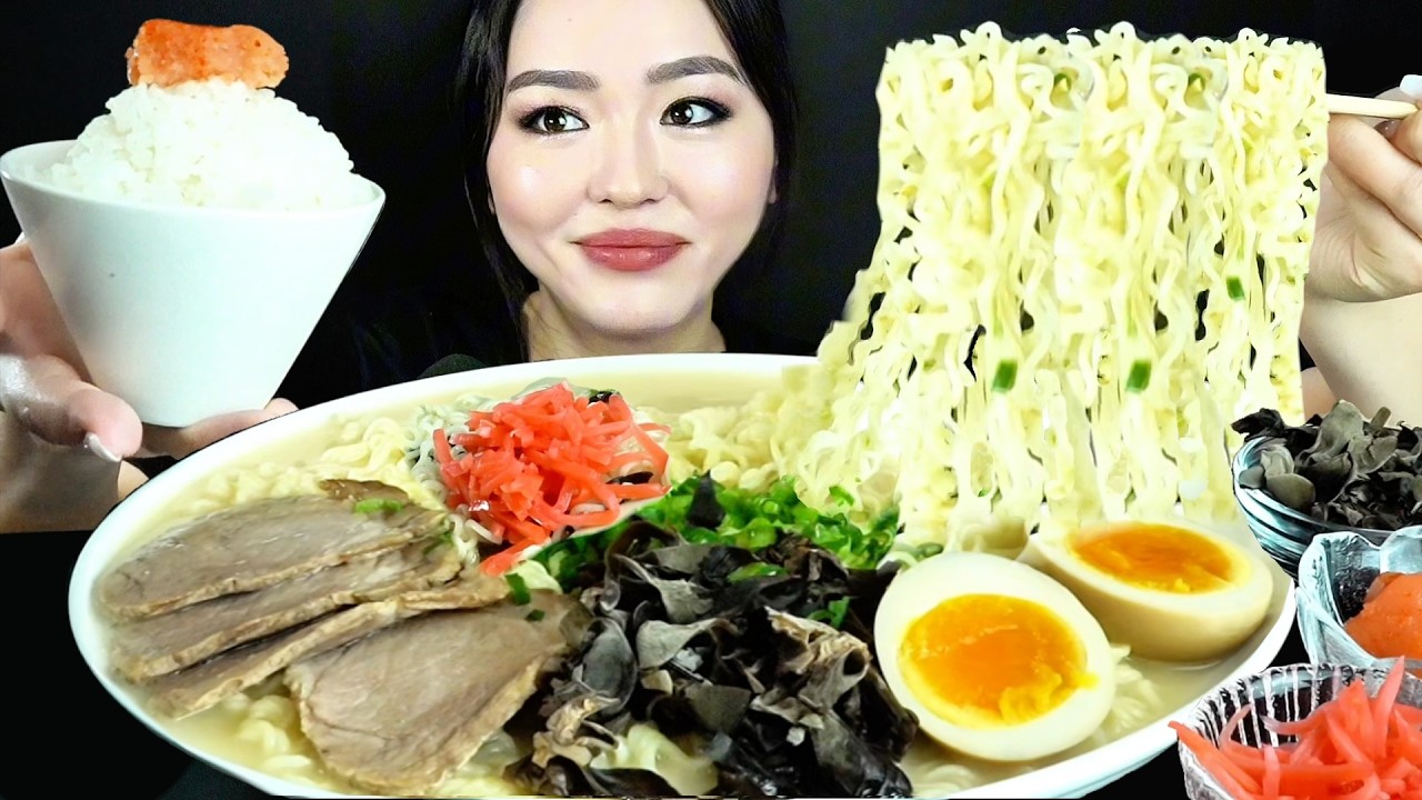 ASMR: Japanese Tonkotsu Ramen & Mentaiko Rice | English subs | Eating ...