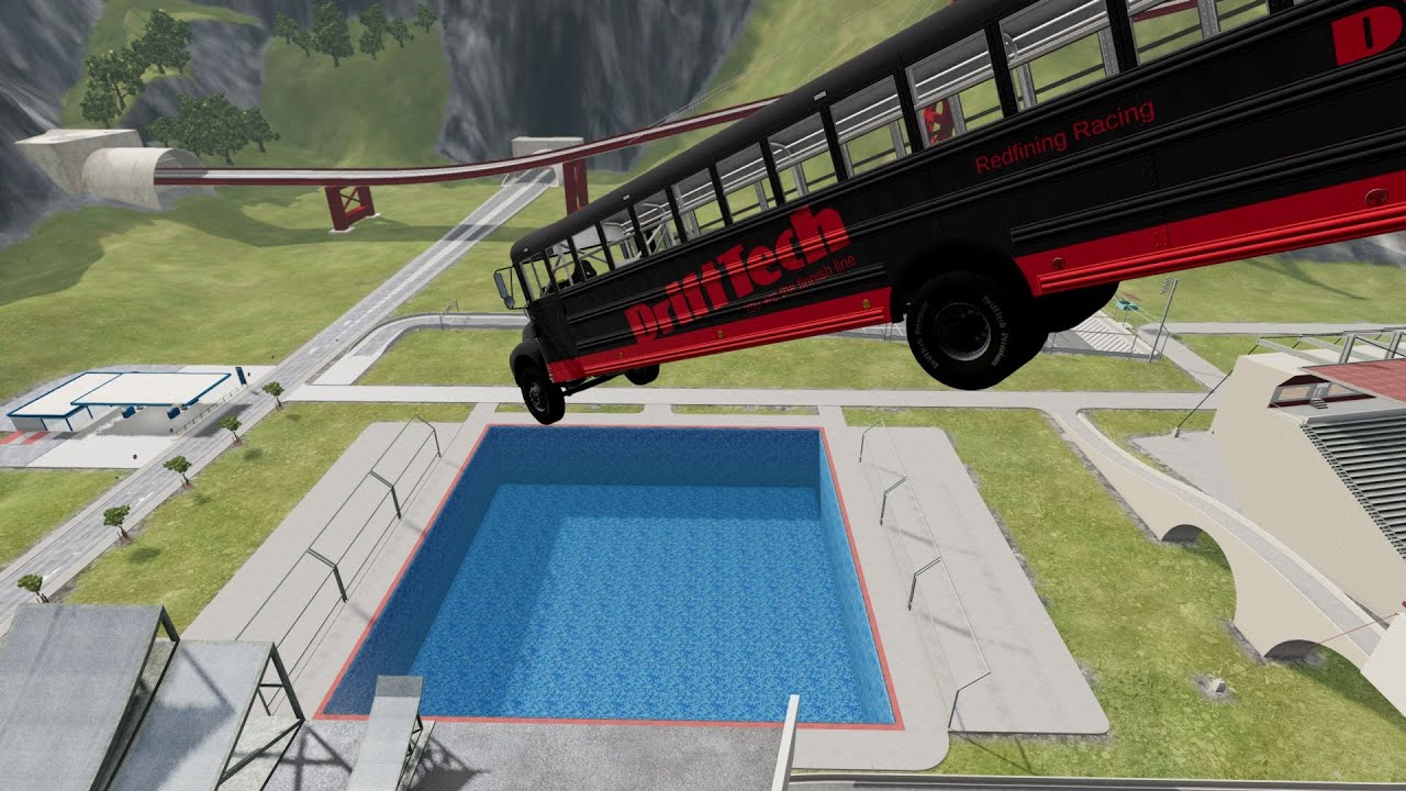 Buses jumping into a pool of water - bus jumping into water - YouTube