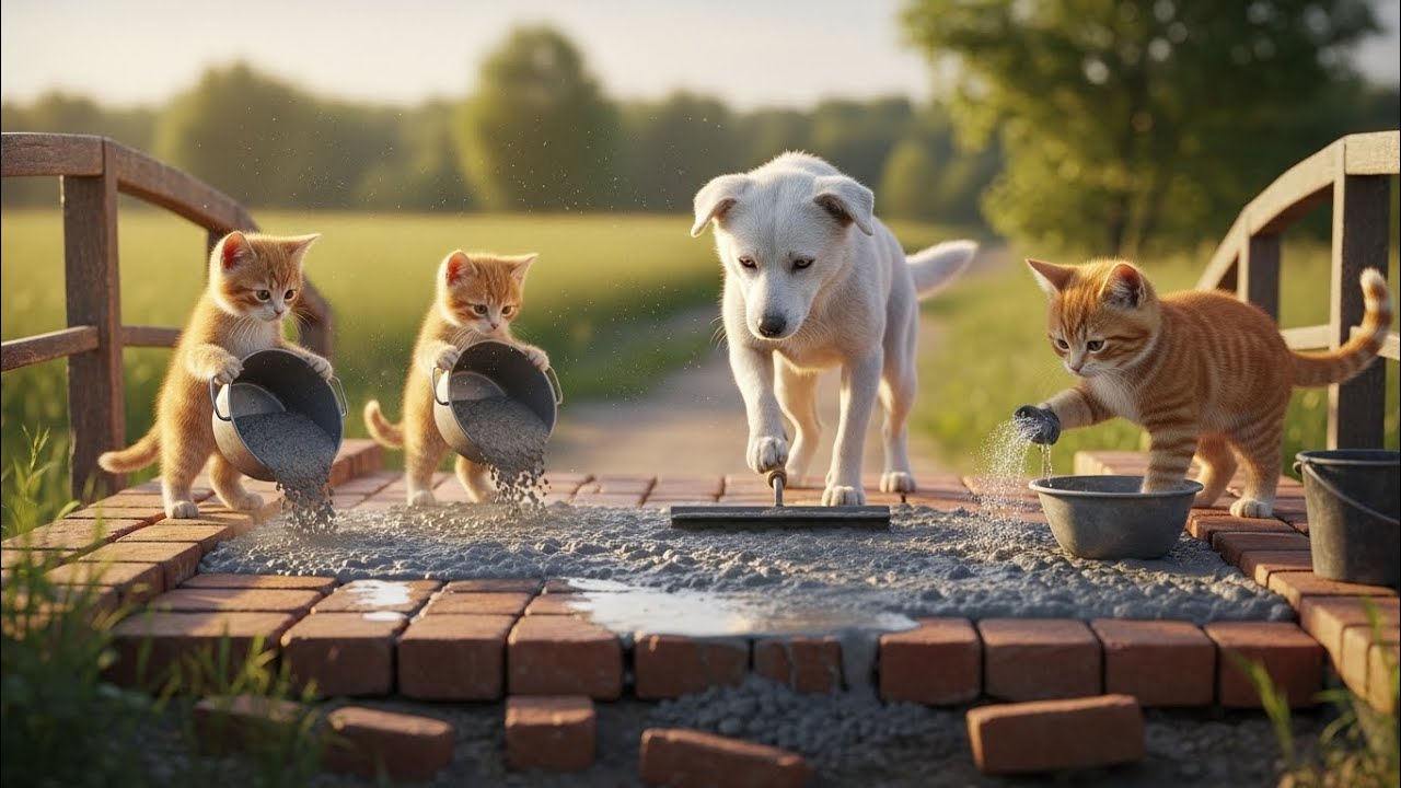 Teamwork on the Bridge |A Cat, Two Kittens, and a Dog”🔥#cat #funny ...