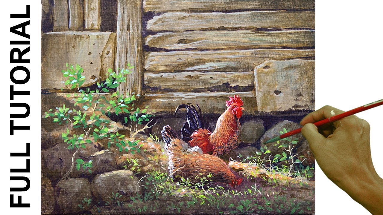 TUTORIAL: Acrylic Painting Landscape / Chickens in the Barn ...