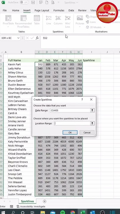 How to create Sparkline in Excel | Chart in excel | Excel Tips &Tricks #Guruontube #shorts # ...