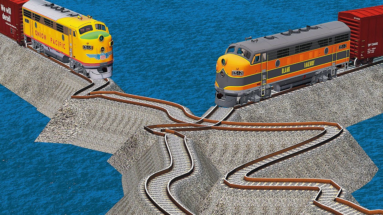 Double Train vs Crazy ZigZag Overlap Rail Crossing Deepwater - BeamNG ...
