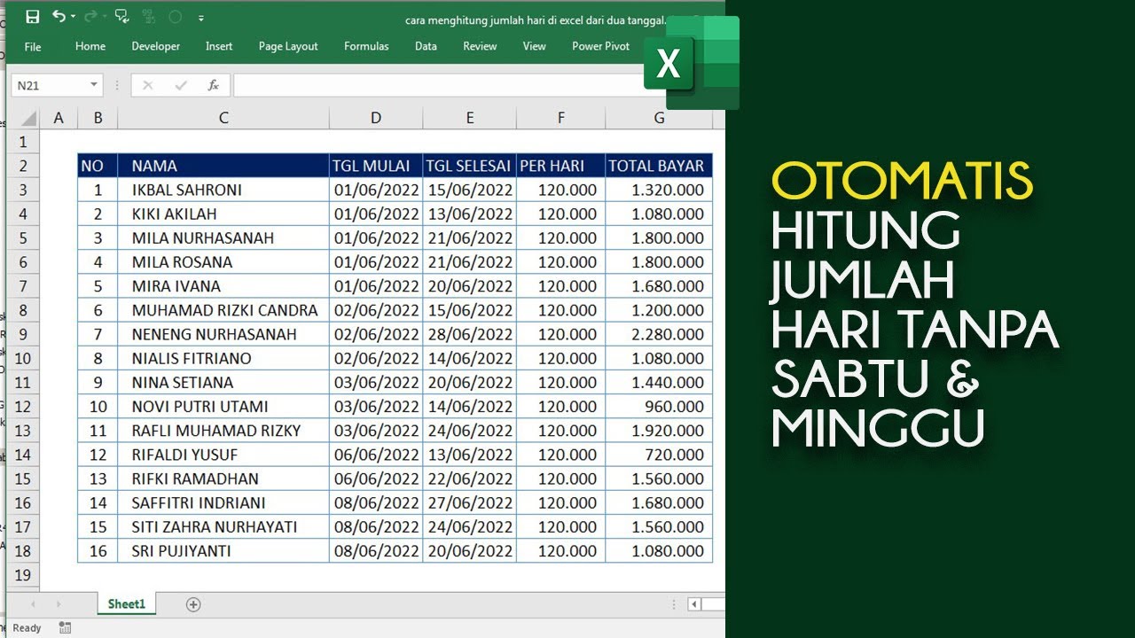cara menghitung jumlah hari di excel dari dua tanggal - YouTube