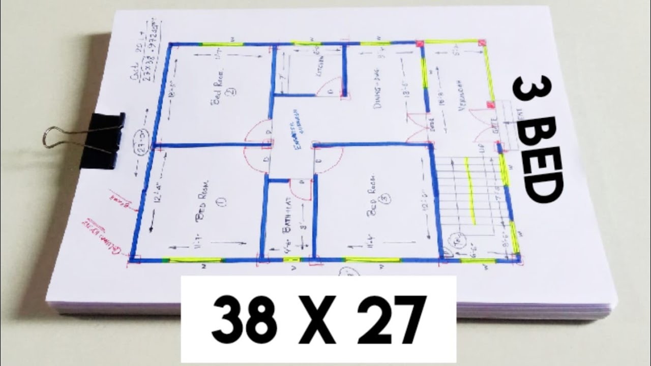 38x27 village building drawing with 3 bedrooms II 38*27 ghar ka design ...