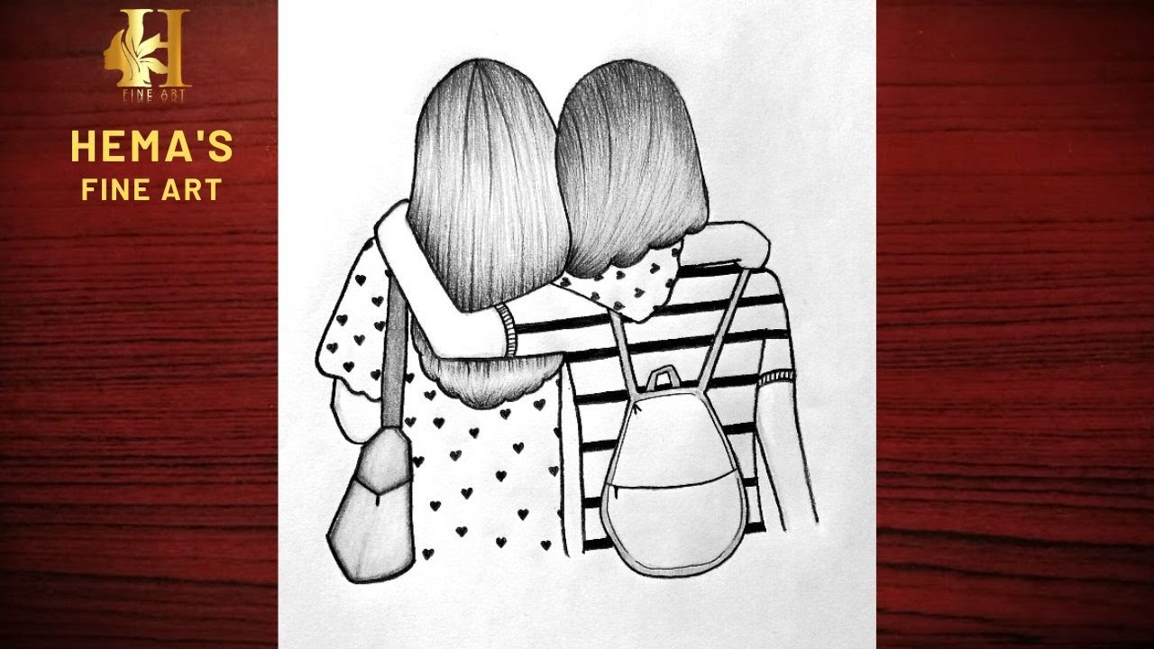 Best friends Drawing tutorial - step by step || How to draw two friends ...