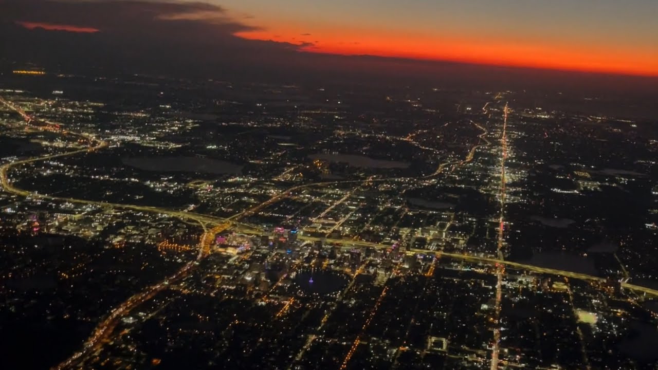 Night Flight Over Orlando, Florida - International Airport Take Off in ...