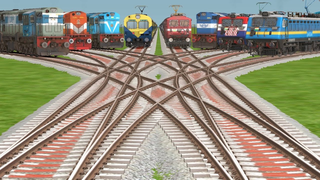 8 TRAINS CROSSING RUNNING INDIAN GREEN GROUND BRANCHED RAILROAD TRACK ...
