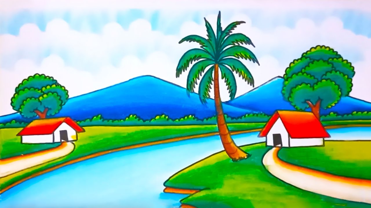 How to draw easy scenery | Prakrutik drishya drawing | Village scenery ...