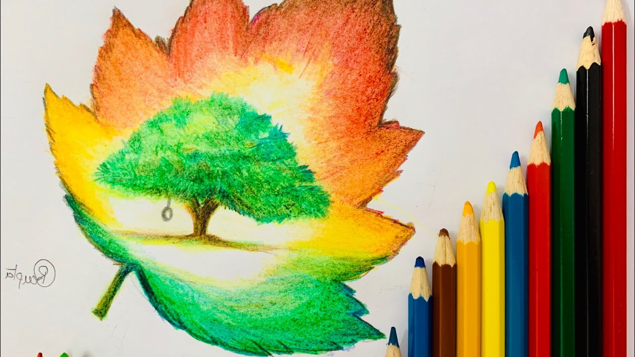 Pencil color drawing |Leaf drawing with colour|tree drawing|how to ...