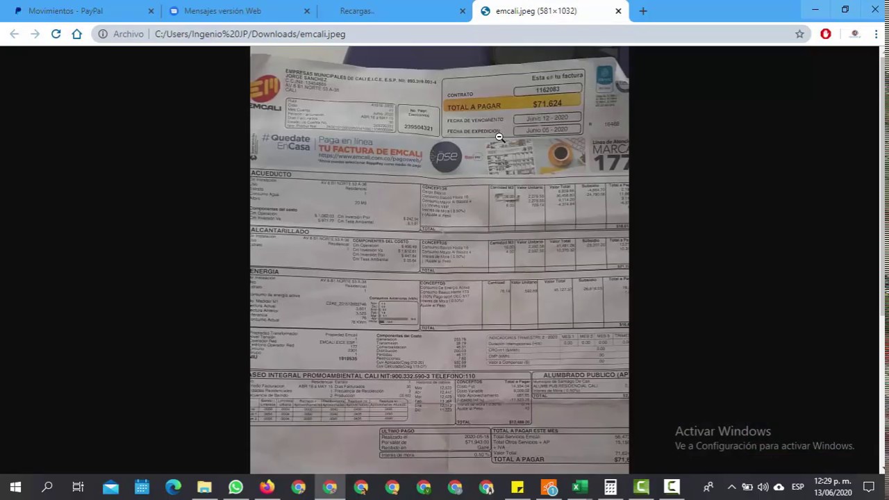 FACTURA EMCALI / ACUEDUCTO Y ENERGÍA / PAGO DE SERVICIOS ...