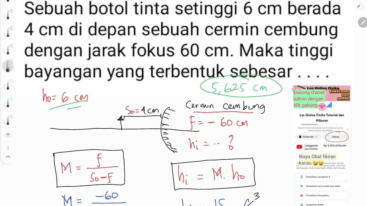 menghitung tinggi bayangan dari cermin cembung fokus 60 cm - YouTube