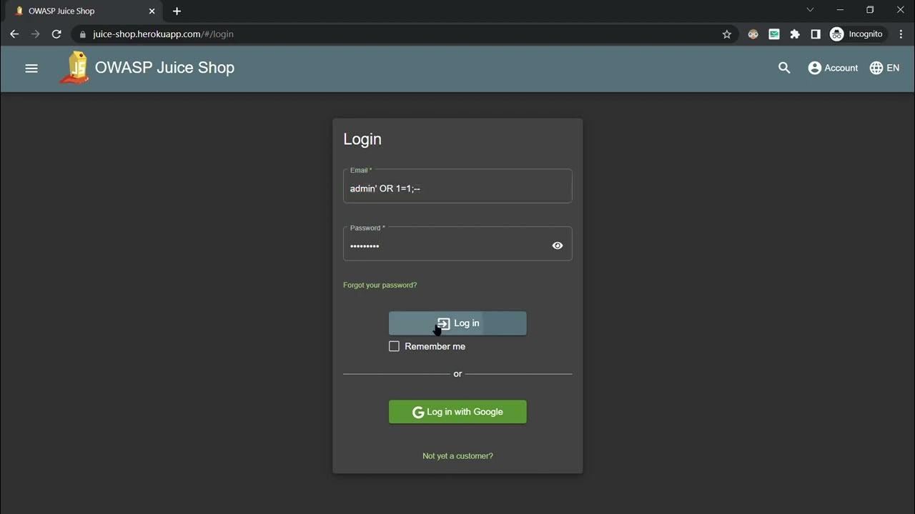 Owasp juice shop online bypass authentication by sql injection - YouTube