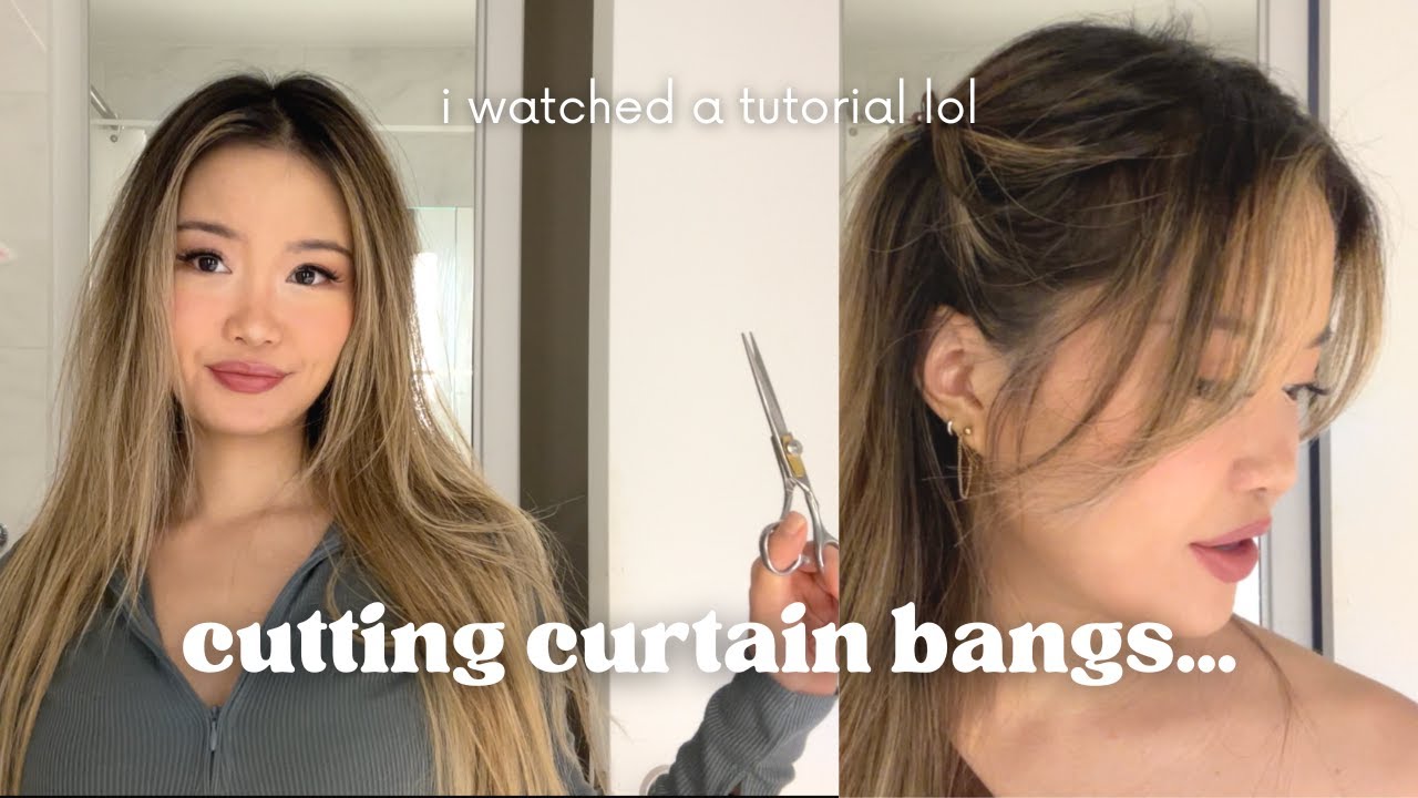 I cut my own CURTAIN BANGS | first time trying this at-home tutorial ...