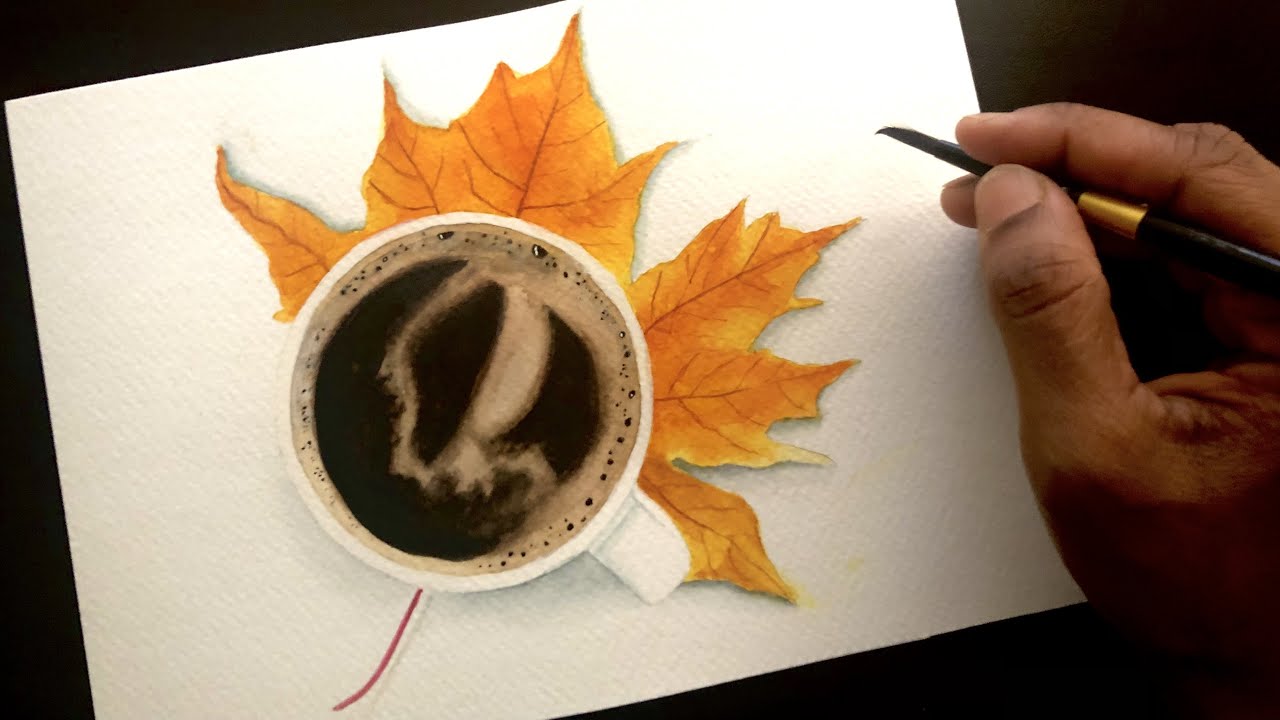 Easy Realistic Coffee Fall Leaf Painting | Relaxing Detailed Watercolor ...