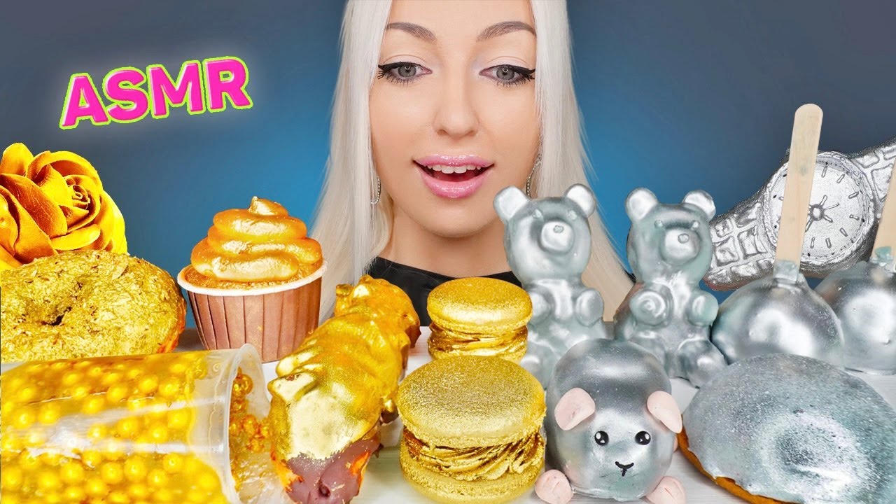 ASMR EATING SILVER & GOLD FOOD, HONEY JELLY, CHOCOLATE CANDY, CAKE ...