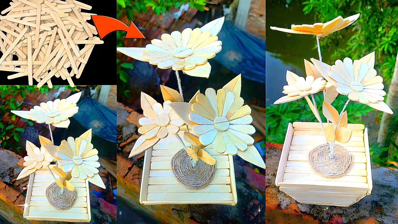 Ice cream stick flowers vas craft ideas | Flowers craft ideas for home ...