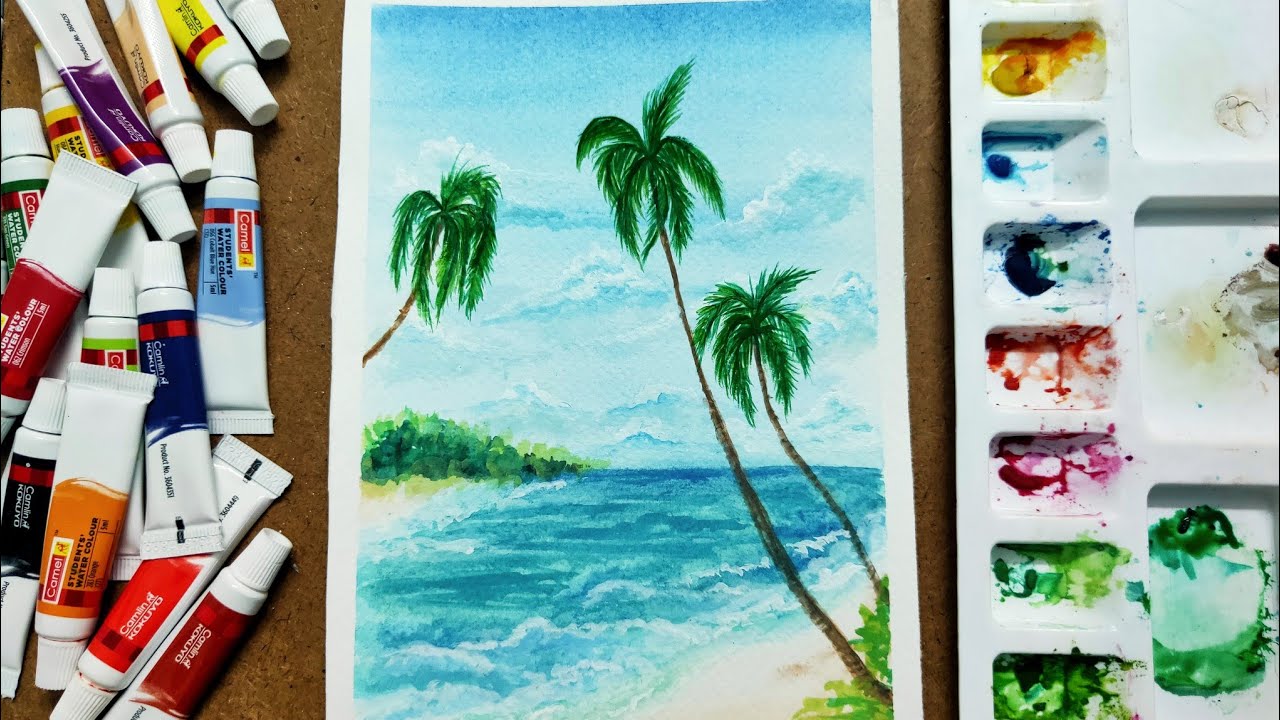 Watercolor beach painting easy tutorial step by step - YouTube