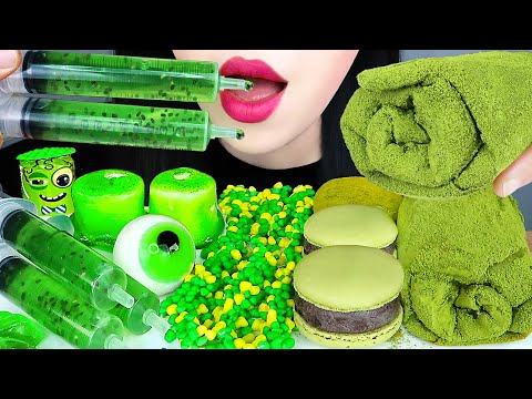 ASMR YEŞİL Tatlı Yeme Havlu,şırınga,ip jölesi YEMEKLİ HAVLU KREP KEK,ŞIRINGA,HALAT JEL MUKBANG