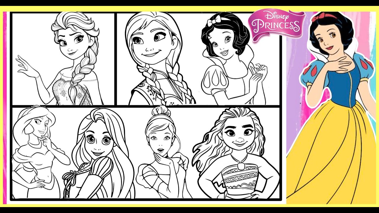 Coloring Disney PRINCESSES Together - ELSA ANNA SNOW WHITE MOANA ...