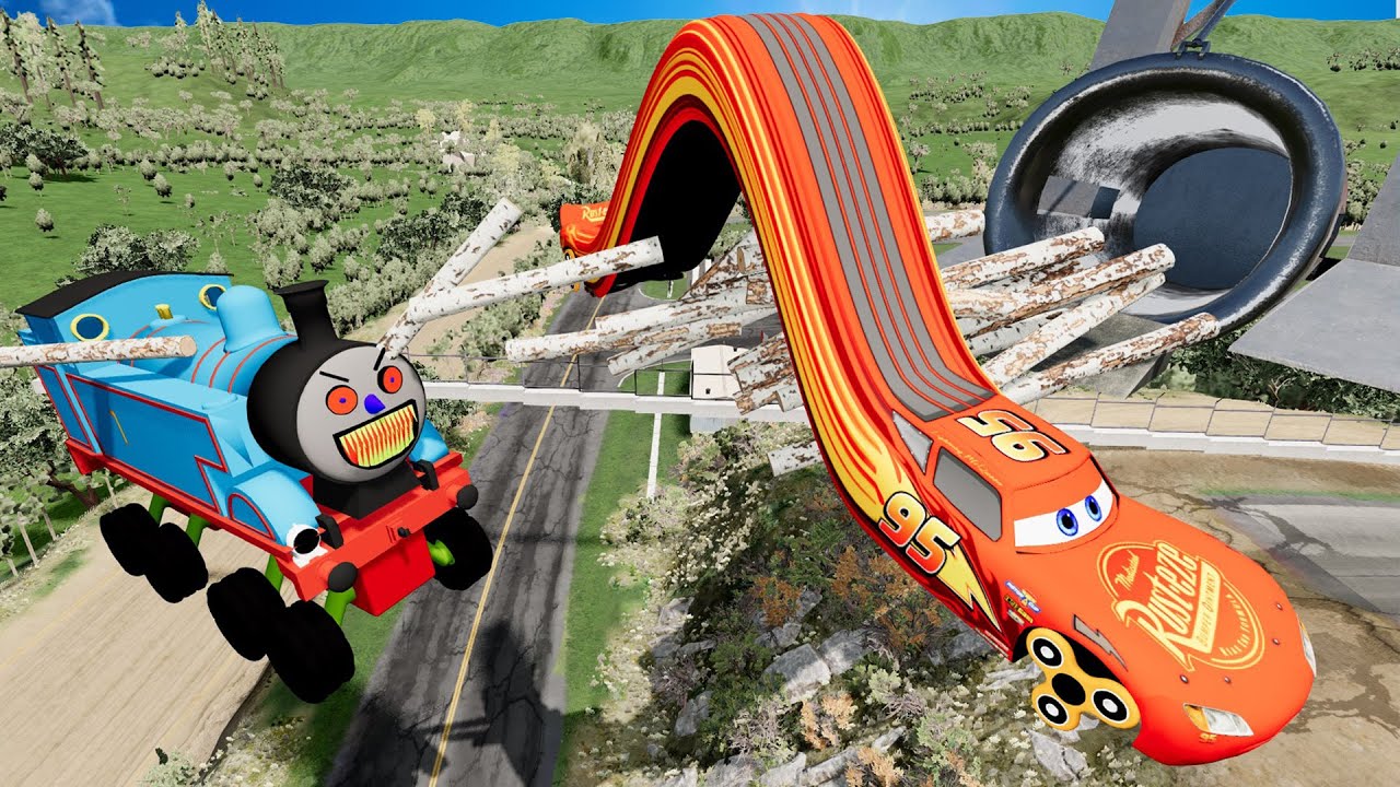 Big & Long Lightning Mcqueen vs Thomas. Chained Cars in BeamNG.Drive ...