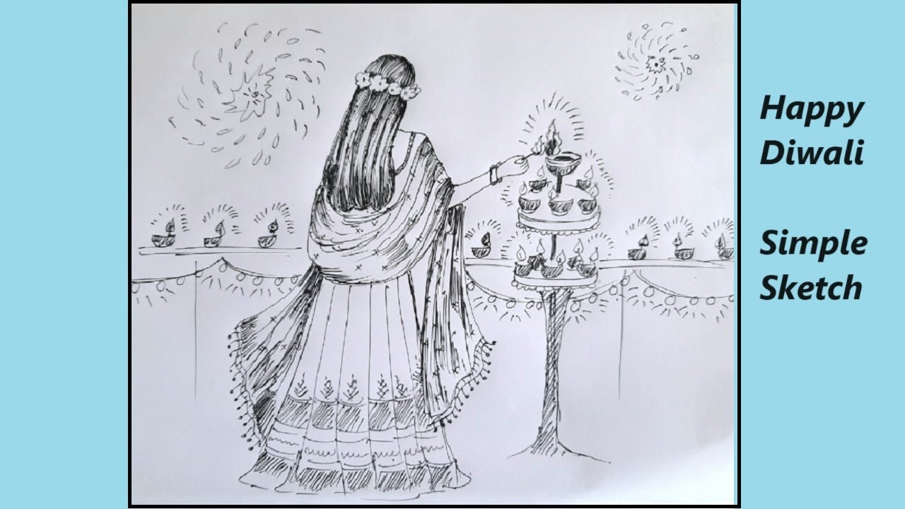 Diwali drawing simple ink pen sketch tutorial, Diwali ki drawing, Girl ...