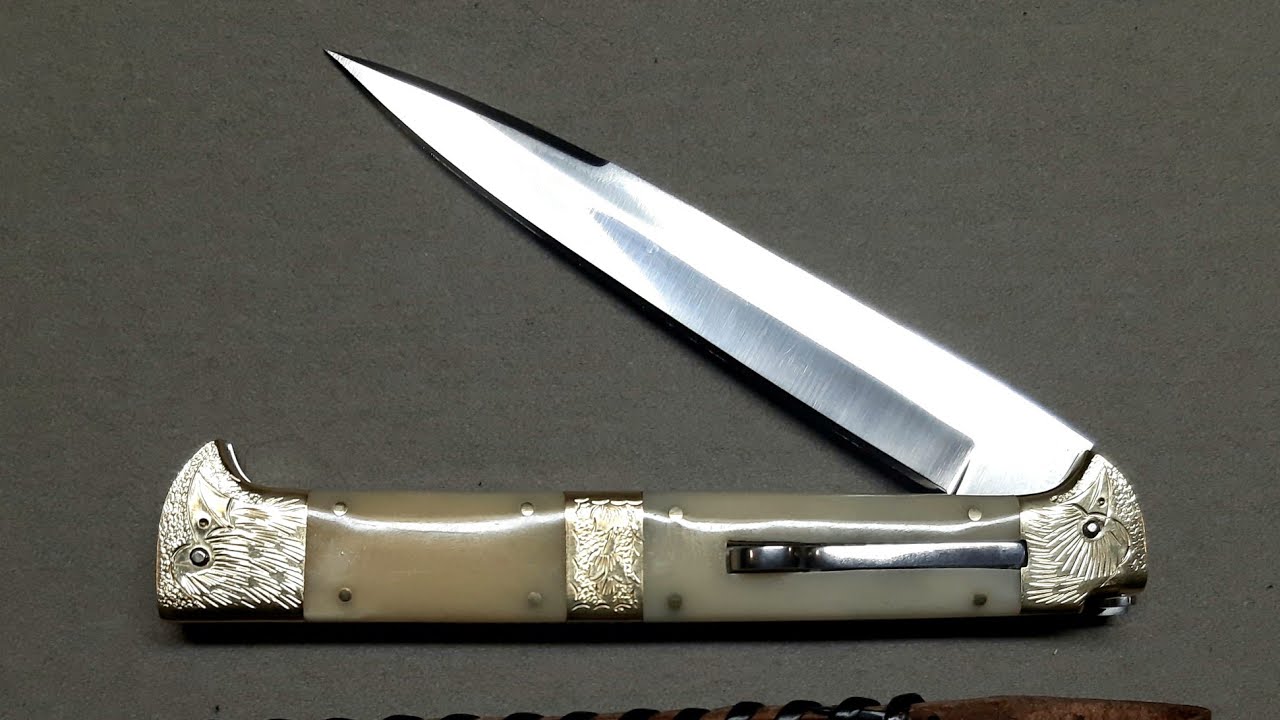 13" Double Eagle-head Picklock Switchblade. Shiny Blade and Camel bone ...