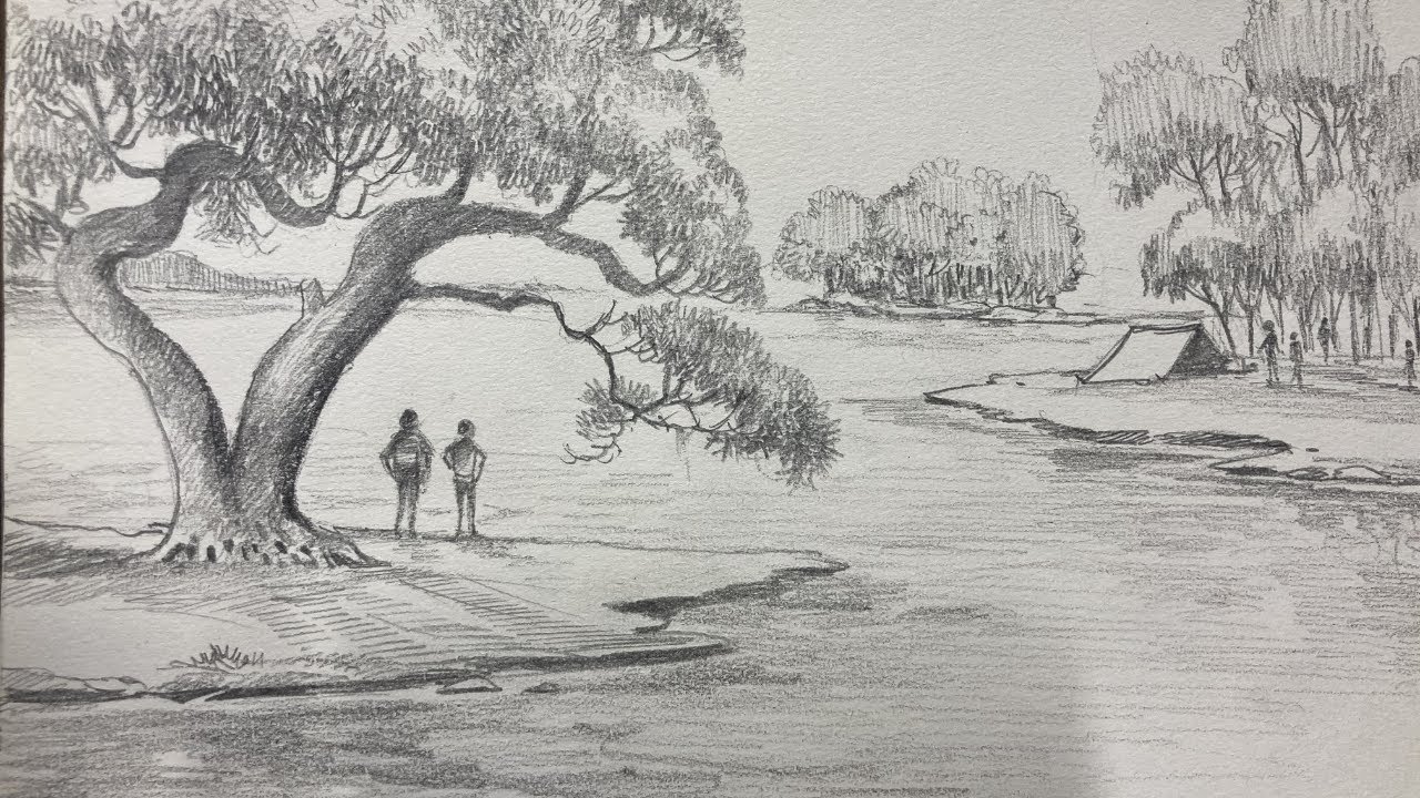 "Beautiful Pencil Landscape Drawing | Step-by-Step Tree Sketch Tutorial ...