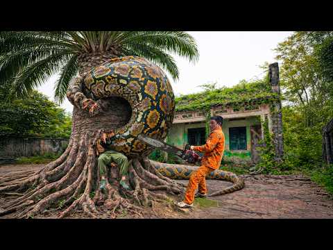 Giant reticulated python ambushes inside rotting tree trunk | Chainsaw Rescue Gone Wrong