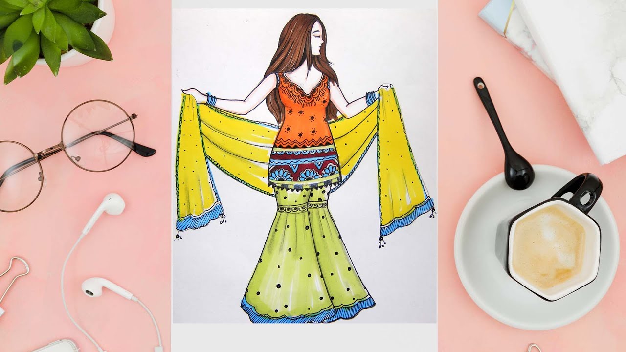 How to draw and color a Girl with Sharara dress || Pencil sketch for ...