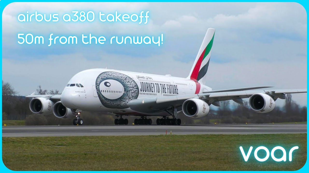 CAN'T GET MUCH CLOSER! - Emirates Airbus A380 takeoff at Zurich Airport ...