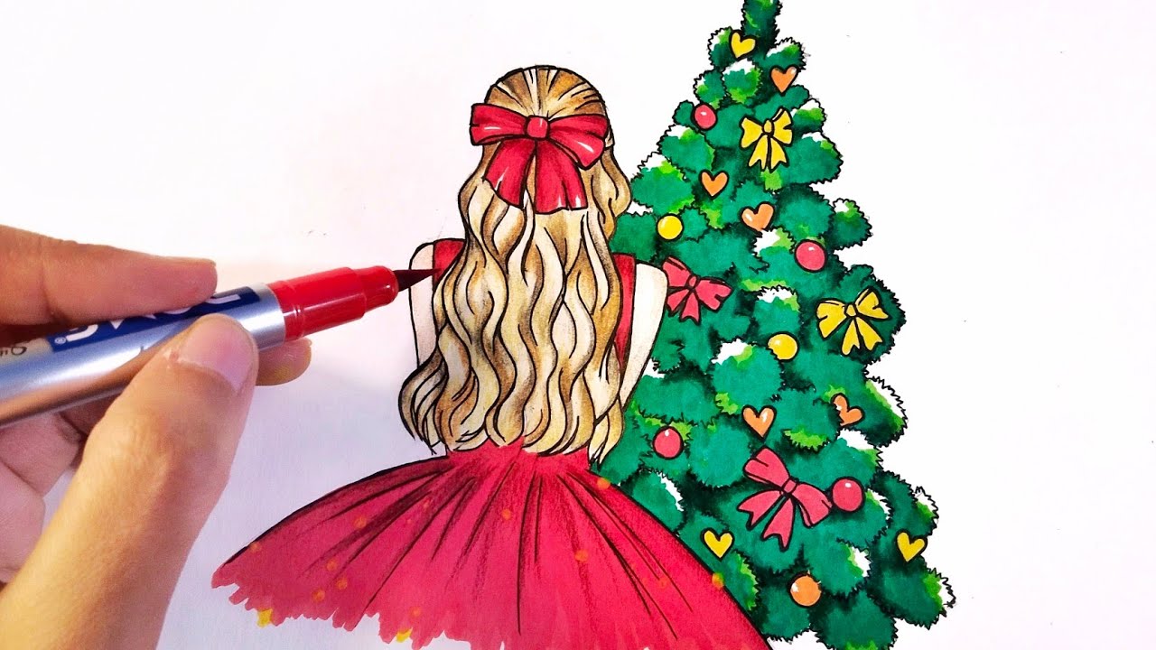 How to Draw a Girl with Christmas Tree 🎄| Christmas Drawing | Easy Step ...